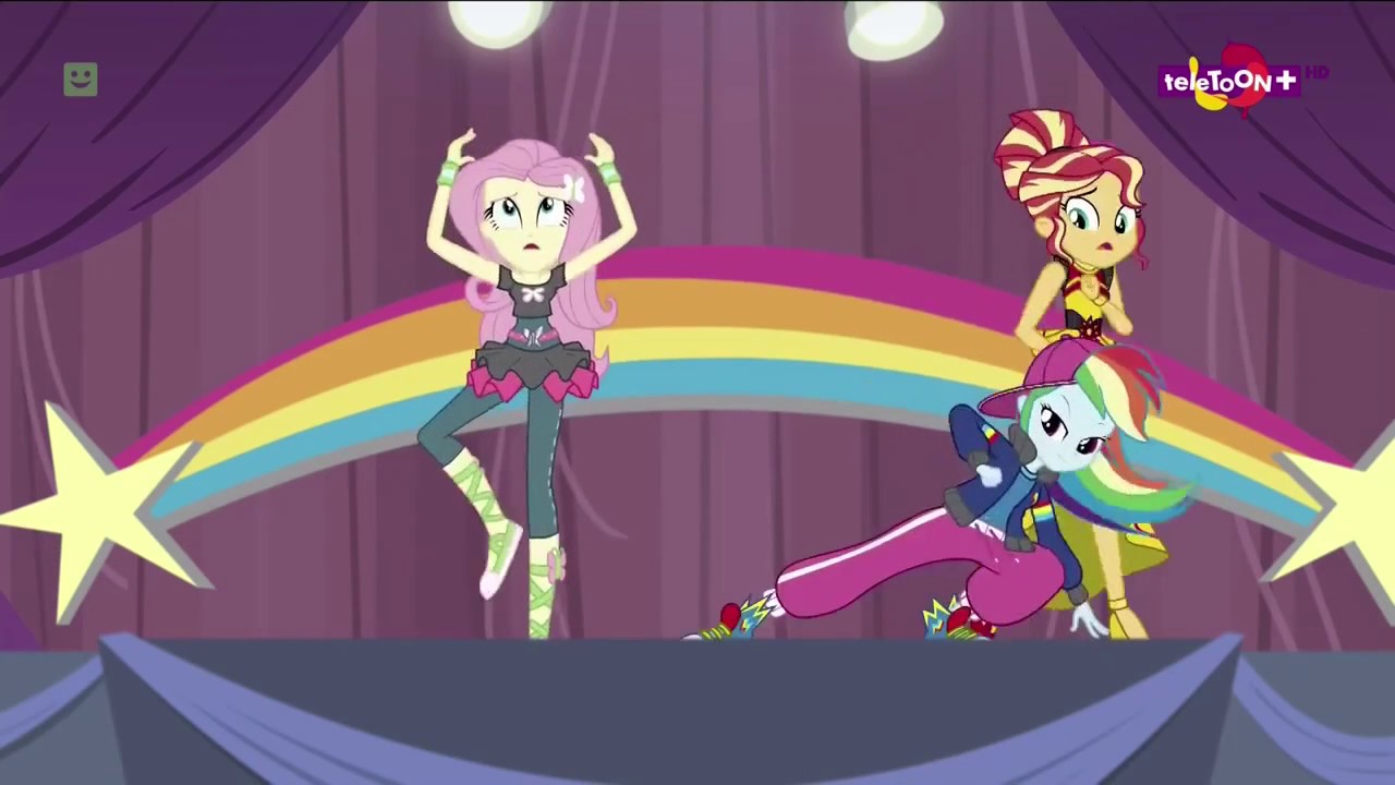 Fluttershy, Sunset Shimmer and Rainbow Dash practising their dance ...