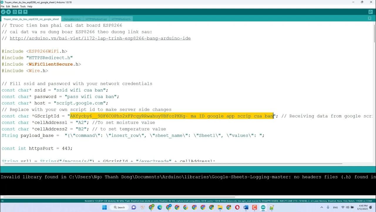 Truyền nhận dữ liệu esp8266 với google sheet - YouTube