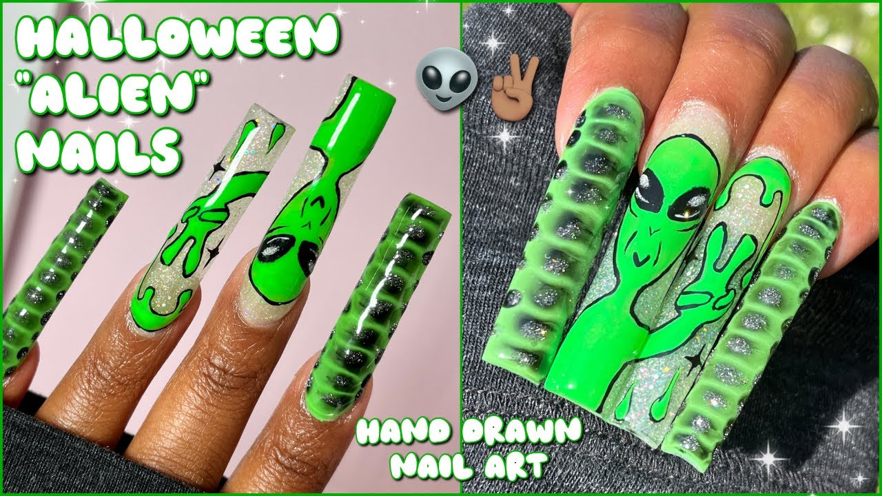 MY FIRST HALLOWEEN NAIL DESIGN 💚 | TRYING NEW ACRYLICS! | ALIEN NAIL ...