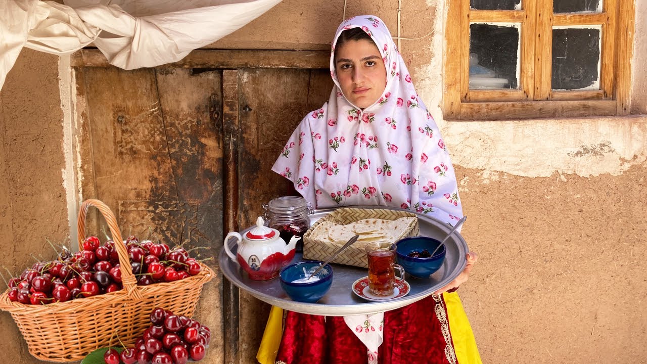 Making sour cherry jam in an old village in Iran | Village routine life ...