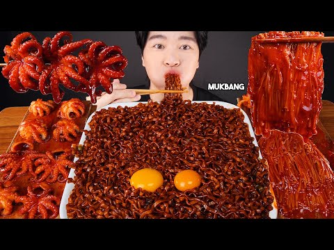 ASMR MUKBANG | BLACK BEAN NOODLE SPICY OCTOPUS MUSHROOM🐙 SEAFOOD BOIL 짜파게티 쭈꾸미 볶음 먹방 EATING SOUND
