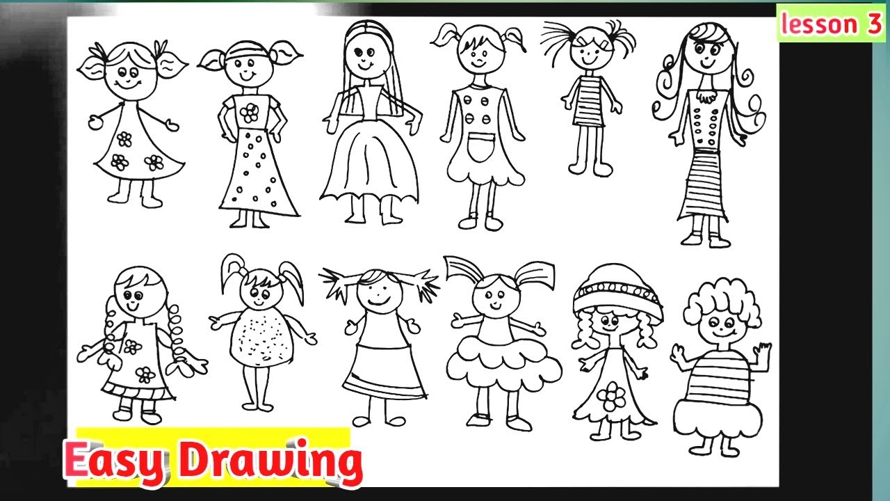 Grade 1-5 Drawing Lesson 03, How to draw little girl easy, පහසුවෙන්ම ...
