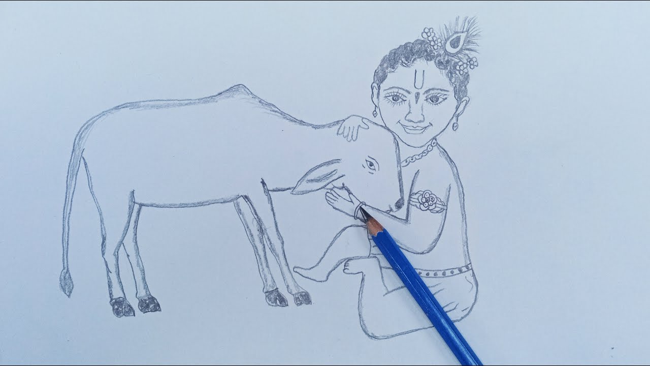 krishna and cow drawing, easy gopal drawing, little krishna with cow ...