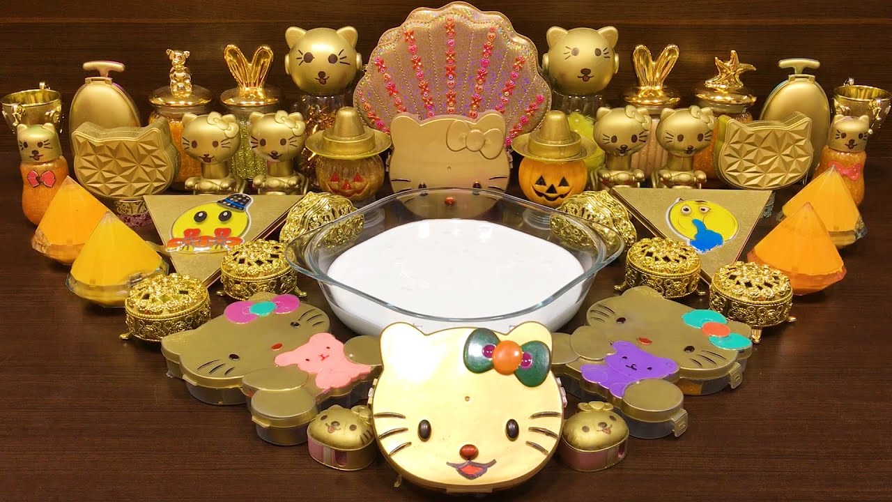 GOLD HELLO KITTY Slime ! Mixing Random Things into FLUFFY Slime ...