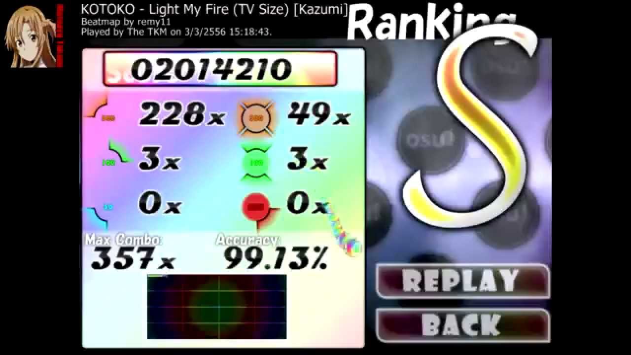 [Osu!] Light My Fire (TV Size) [Hard] 357 Combo! - กรูเล่นได้ไง!! - YouTube