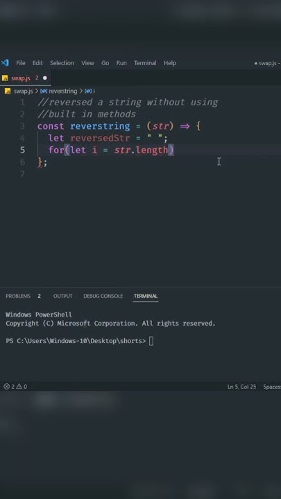 Reverse a string without using built in method in javascript #youtube #ytshorts #youtubeshorts ...