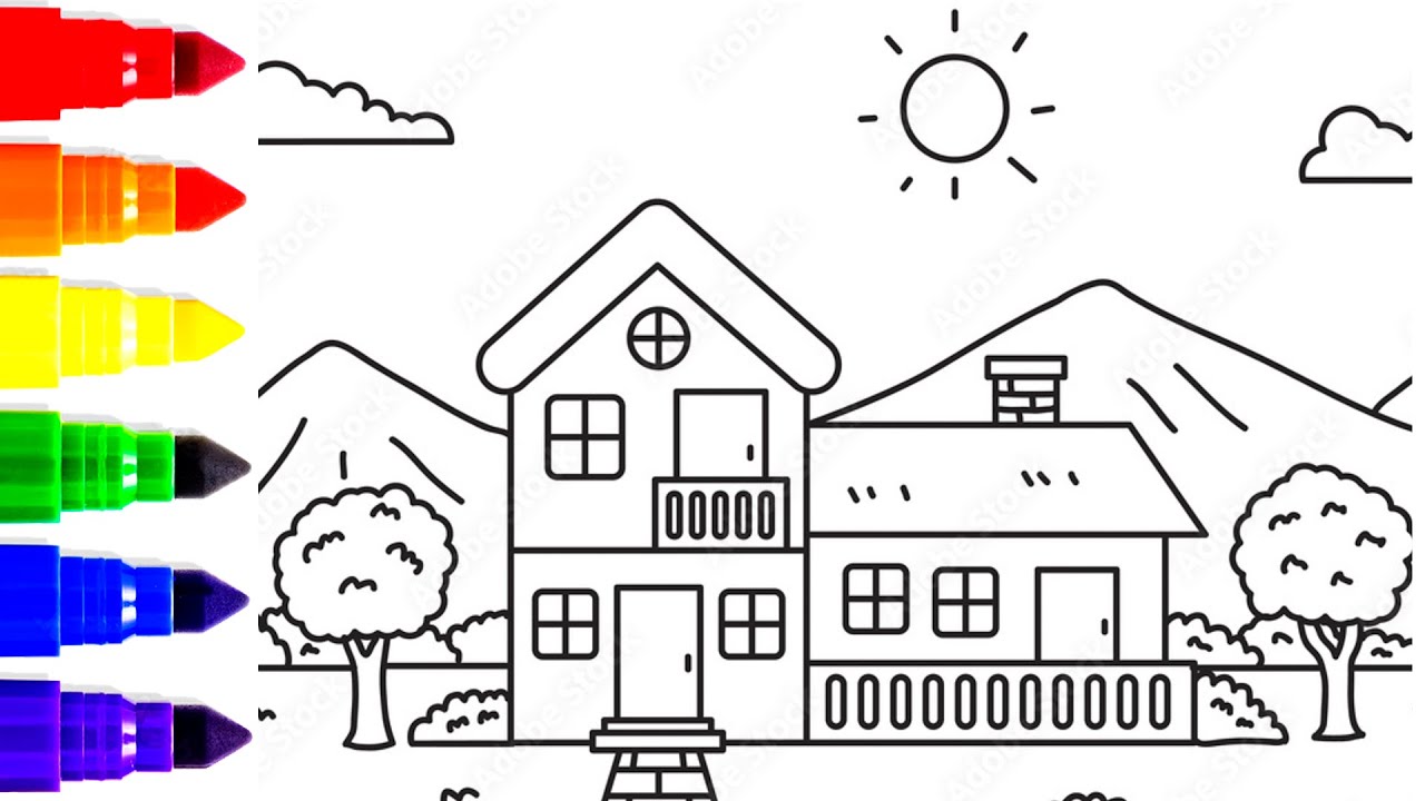 How to draw house and color with rainbow colors for kids - YouTube
