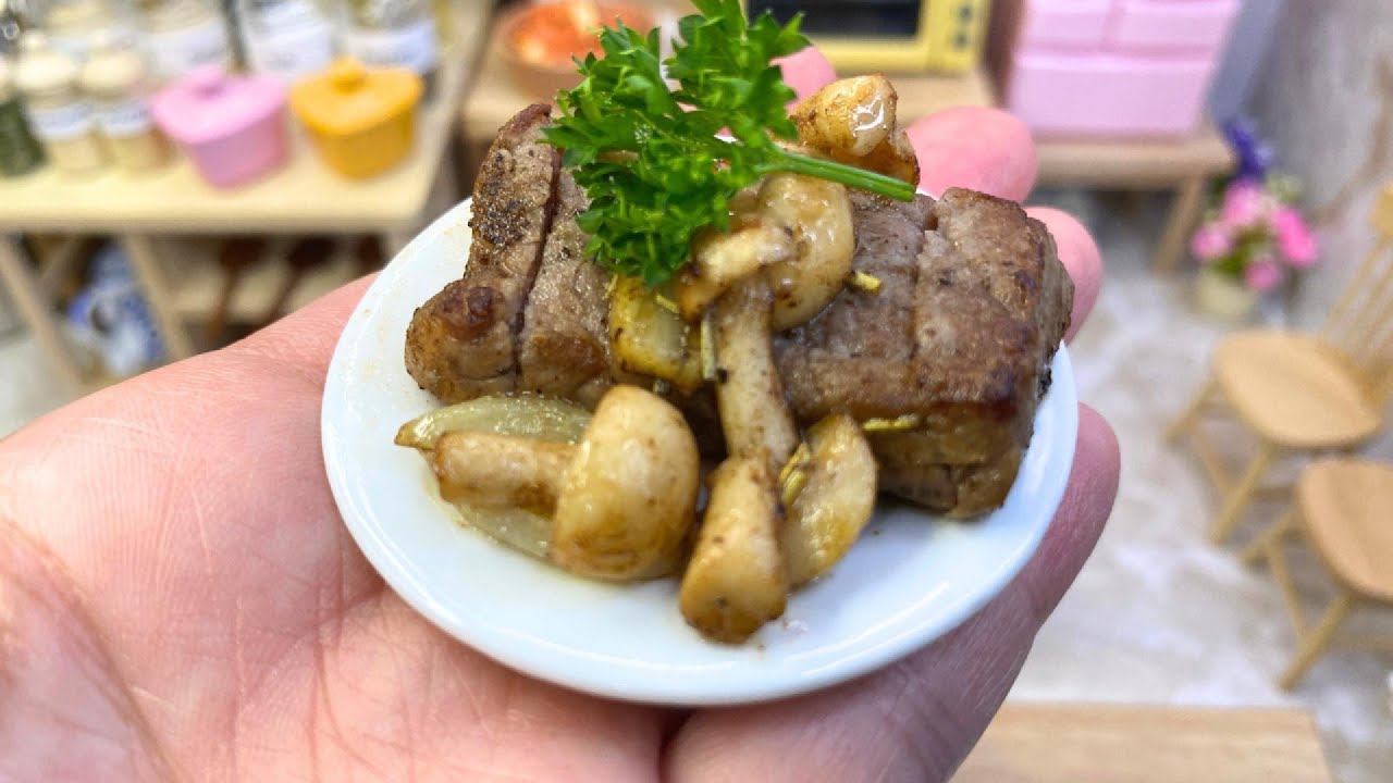 Amazing Miniature Garlic Mushroom Steak | ASMR Cooking Mini Food - YouTube