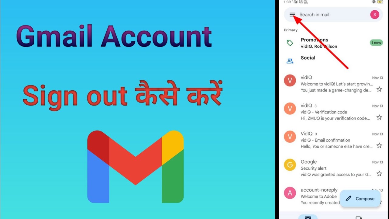 how to sign out gmail account android | Gmail account Sign out kaise ...