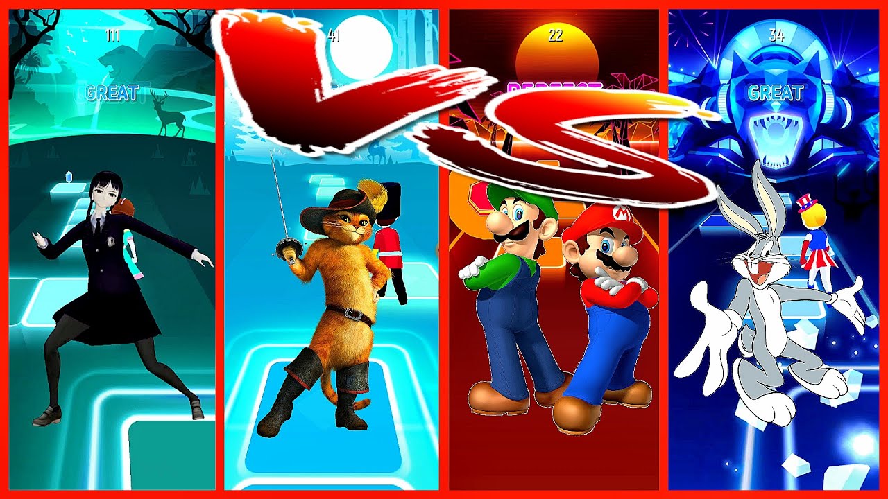 Puss in boots VS Wednesday VS Super Mario VS Bugs Bunny Tiles Hop Game ...