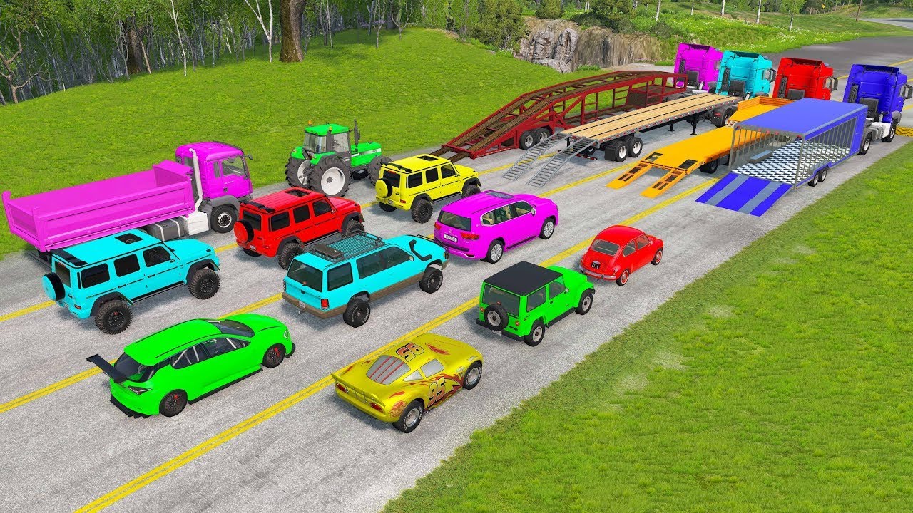 Flatbed Truck Mcqueen | Transportation with Truck - Pothole vs Car vs Speedbumps #008 - BeamNG ...