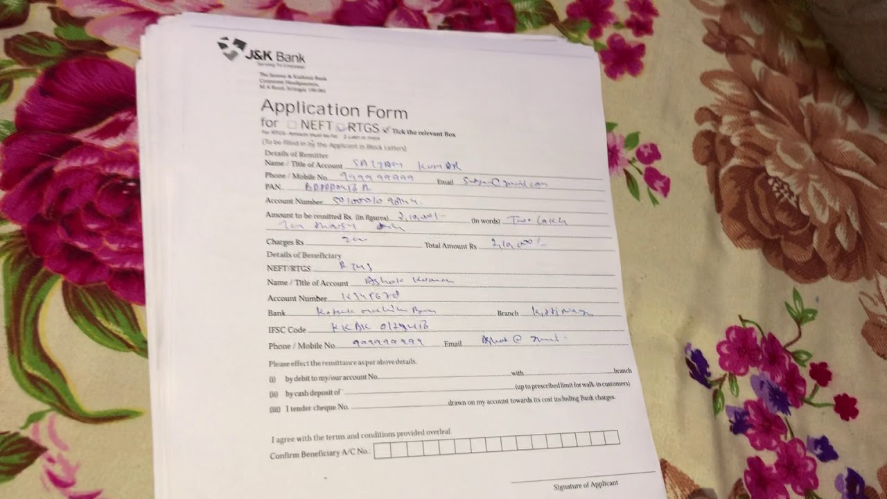 Jammu and kashmir (J&K) Bank ka neft and rtgs form kaise bhare - YouTube