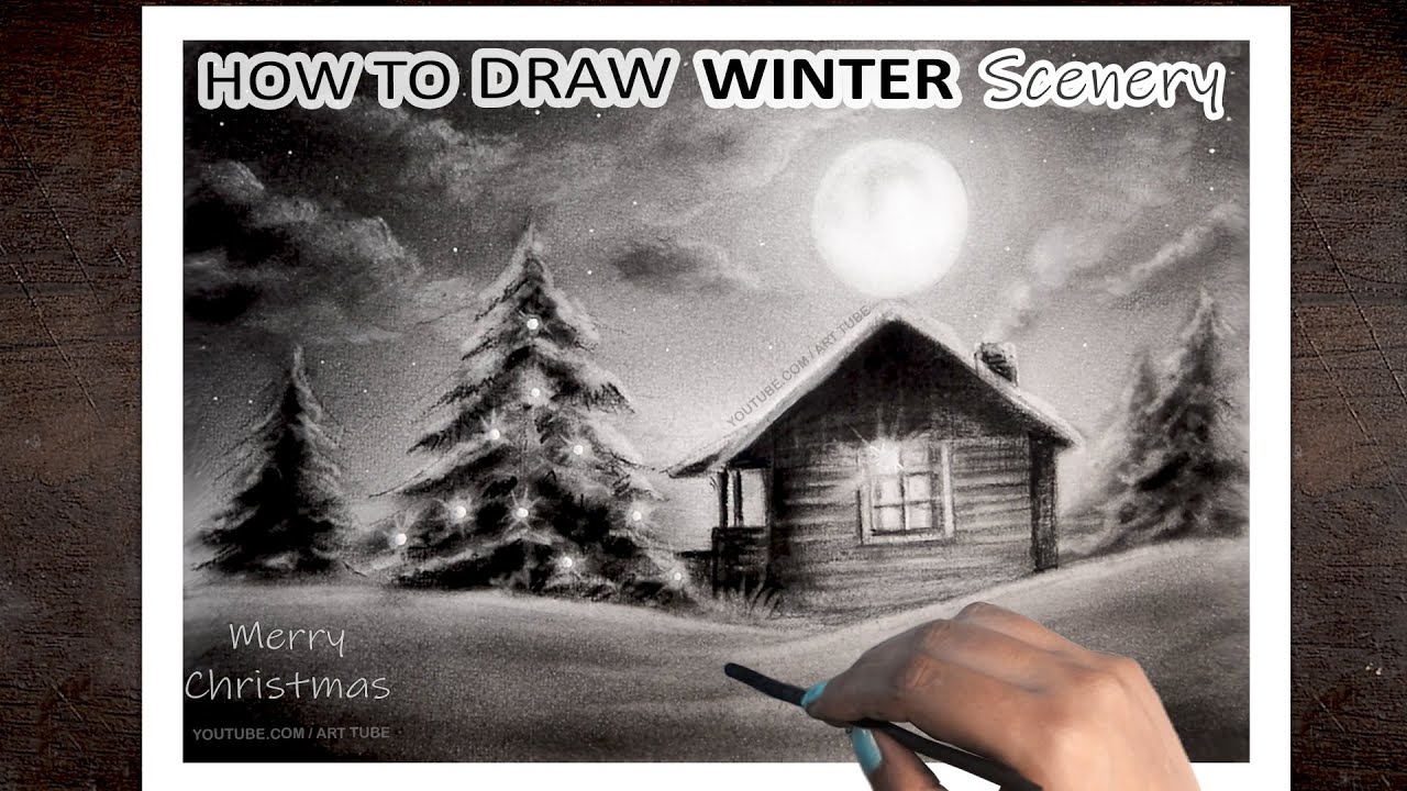 Winter Scenery Charcoal Drawing | Easy Winter Season Snowfall Drawing ...