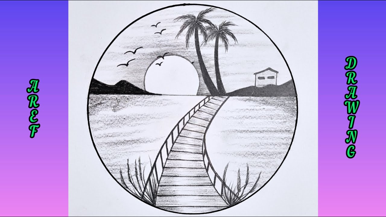 Beautiful Sunset Nature Drawing With pencil Sketch |Easy pencil Drawing ...