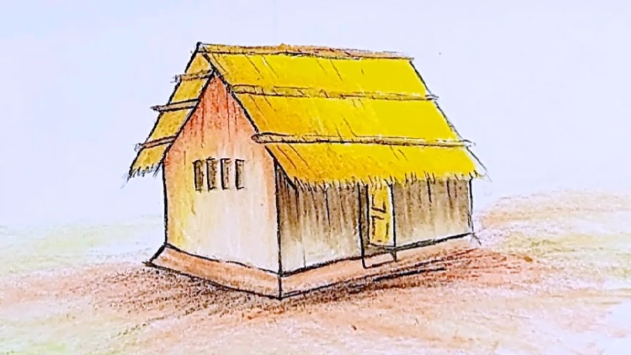 How to draw a hut || Easy house draw || oil paste colour drawing ...