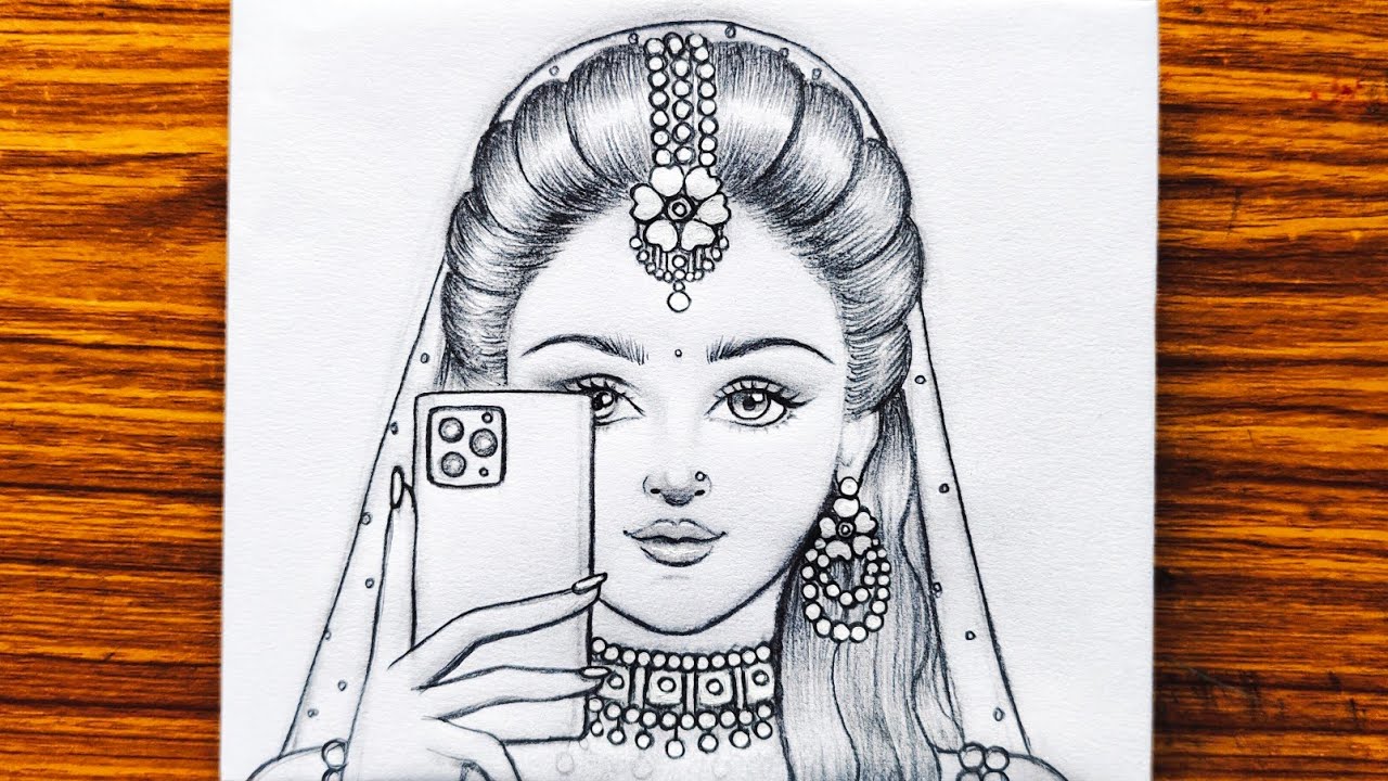 How to draw a traditional girl taking a selfie | Bride drawing | Girl ...