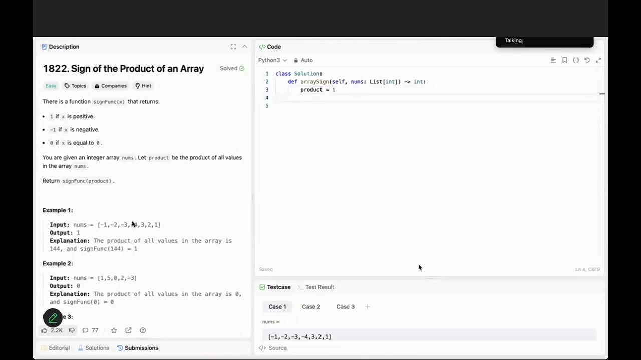 1822. Sign of the Product of an Array - Using Python - YouTube