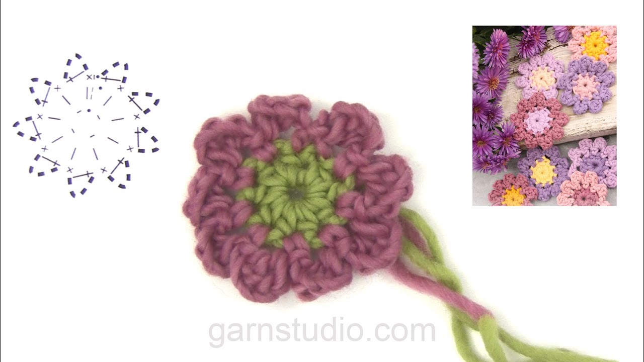 How to crochet the aster flower in DROPS 147-46 - YouTube