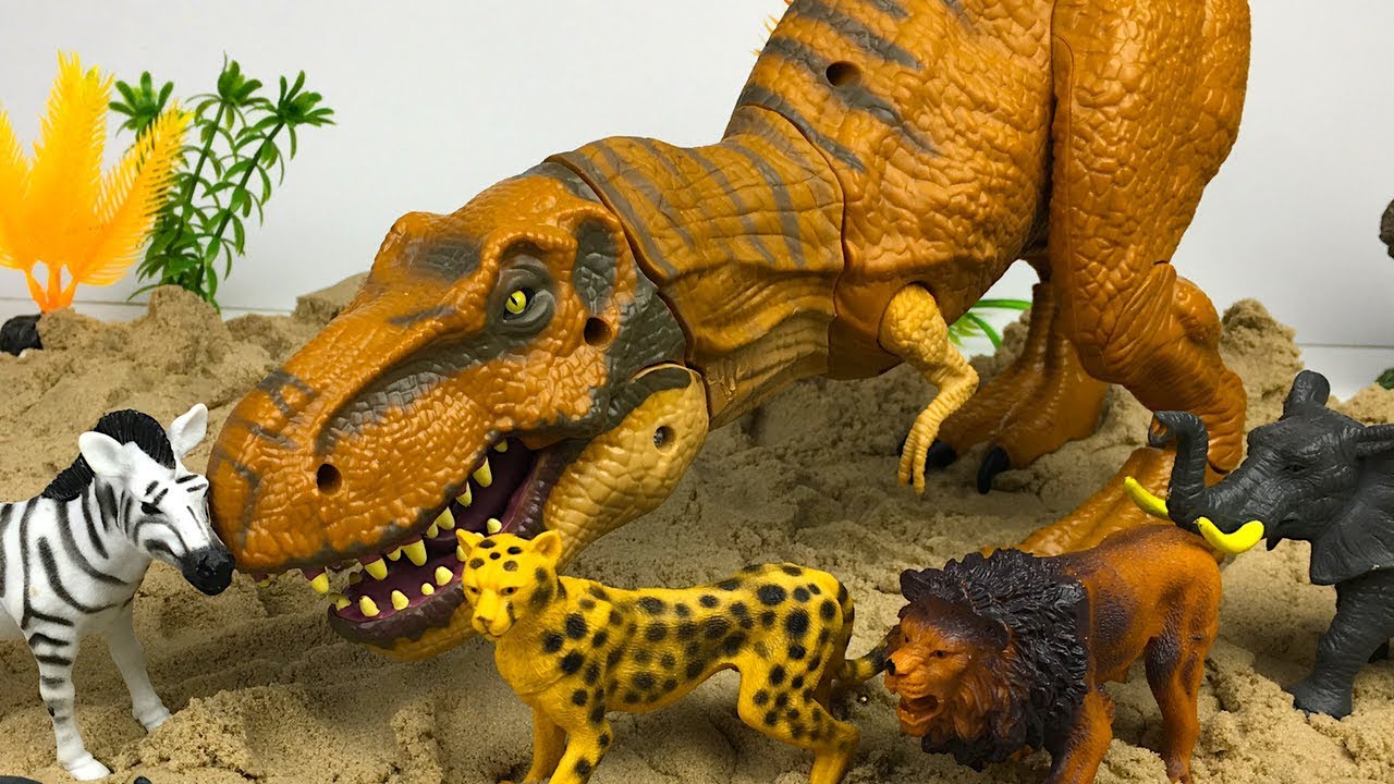 KINETIC SAND SURPRISES FOUND BY DINOSAUR T-REX WITH WILD ANIMALS ...