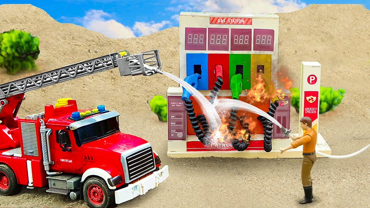 Fire Trucks & Construction Vehicles Rescue From Gas Station Fire - Fun ...