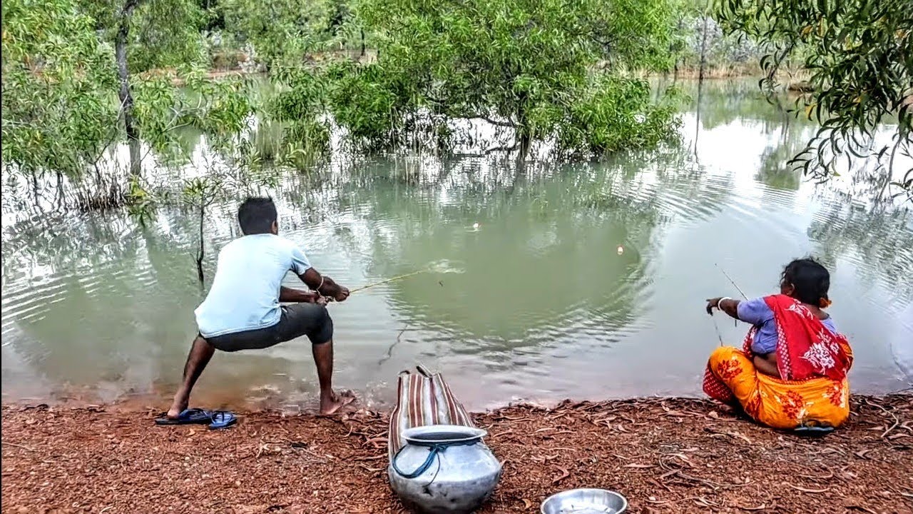 Fishing Video || Lady & boy are fishing with hooks in the jungle pond ...