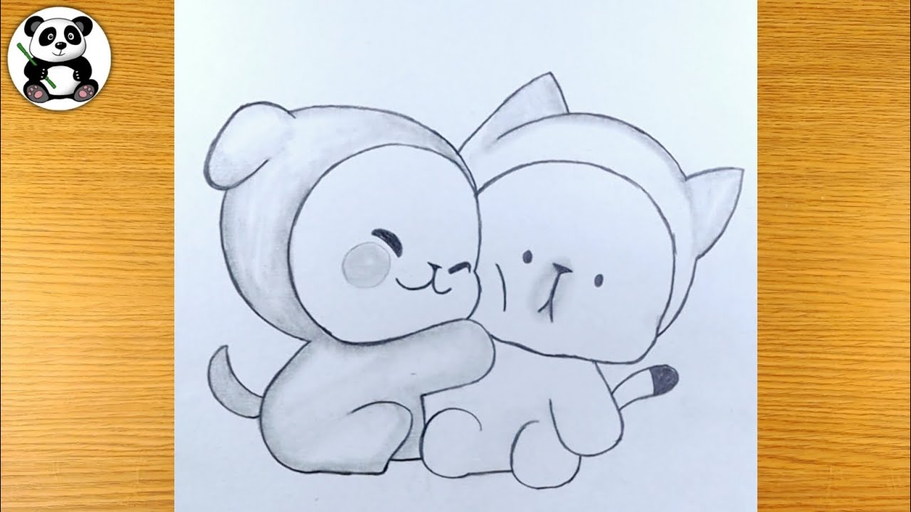 Cute kitty couple pencil sketch | cute bear art | easy arts ...