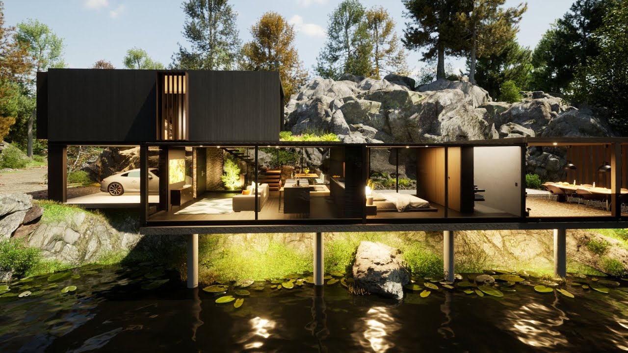 Shipping container house by the lake, open plan living space and ...