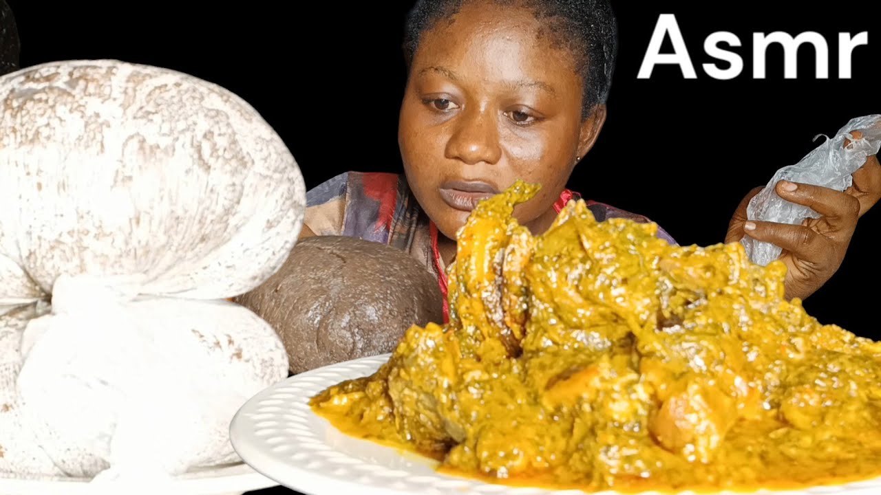African Food mukbang asmr yam fufu with atama vegetables soup African ...