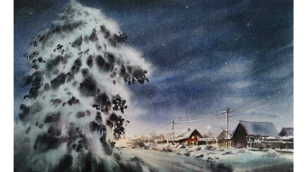Ночной зимний пейзаж акварелью акварель пейзажакварелью Watercolor