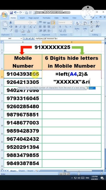 6 digits hide inmobile number in excel #excelformula #excelsolutions #excel #shortvideo - YouTube
