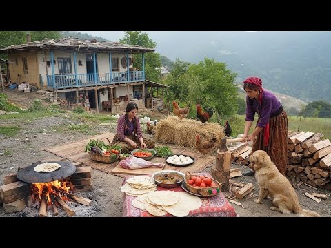 IRANIAN Daily village life | cooking lamb leg and vegetables with bread