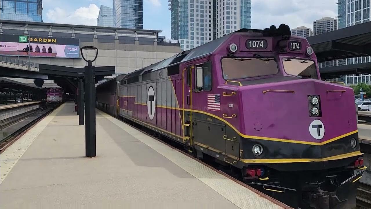 MBTA F40PH-3C #1074 departs North Station with a horn salute! - YouTube