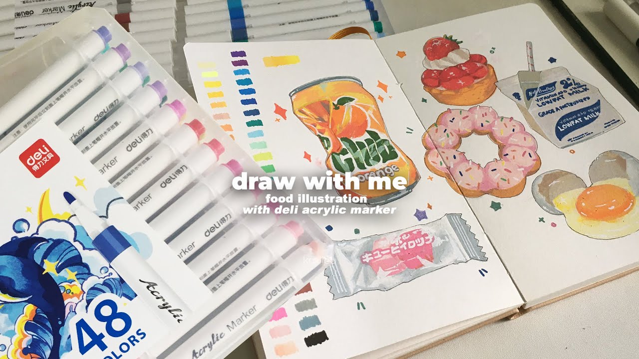 art vlog - draw with me | food illustration with deli acrylic marker ...