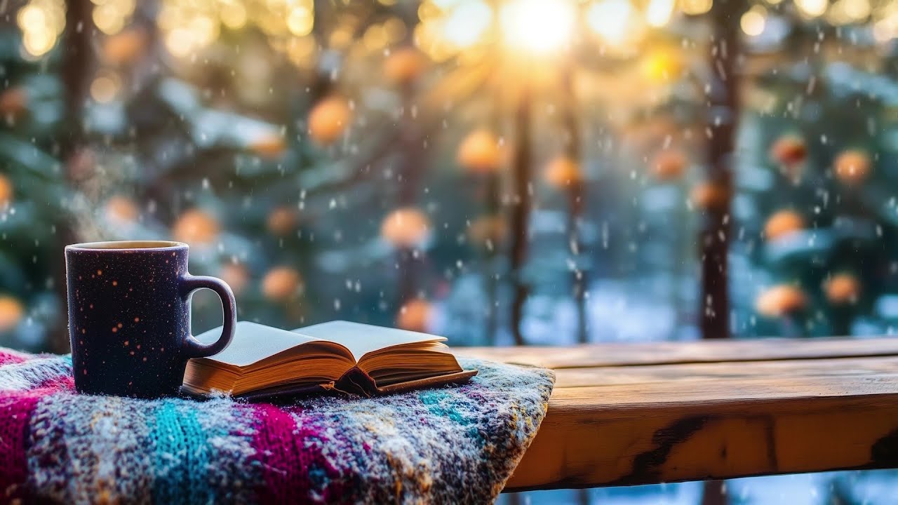 Morning snowfall in the forest seen from the terrace, accompanied by ...