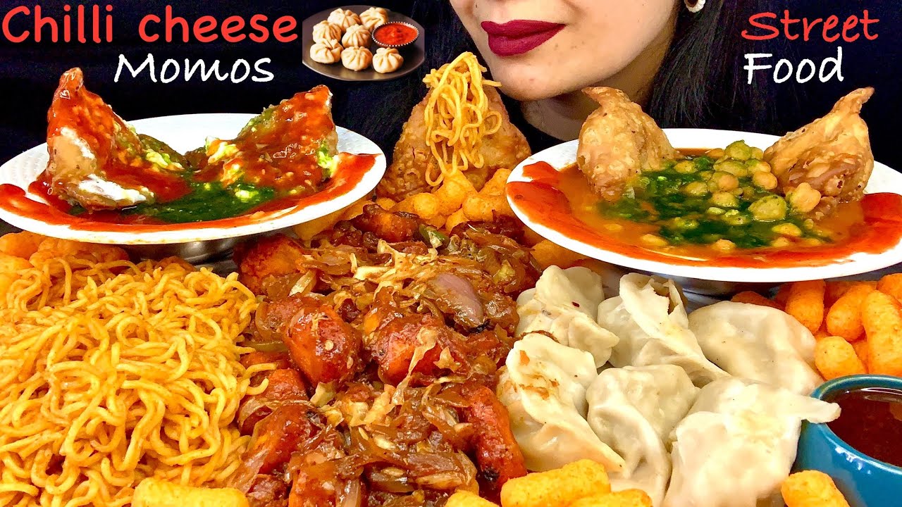 ASMR eating || 🔥chilli cheese, momos,chana samosa, samosa chaat, maggi ...