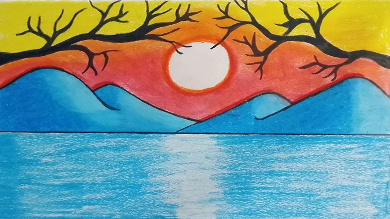 How to draw sunset scenery in the beach | Easy drawing step by step ...
