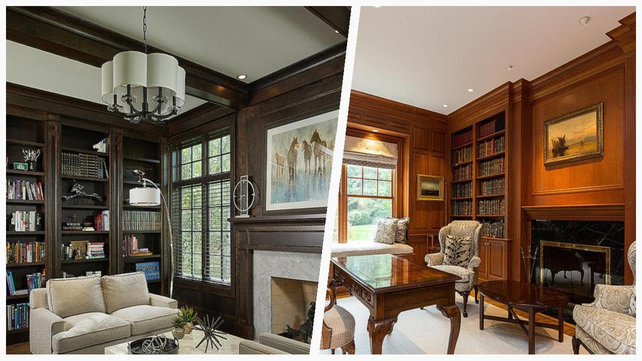 80 Stunning Home Office Library Design Ideas with Wood Fireplace ...