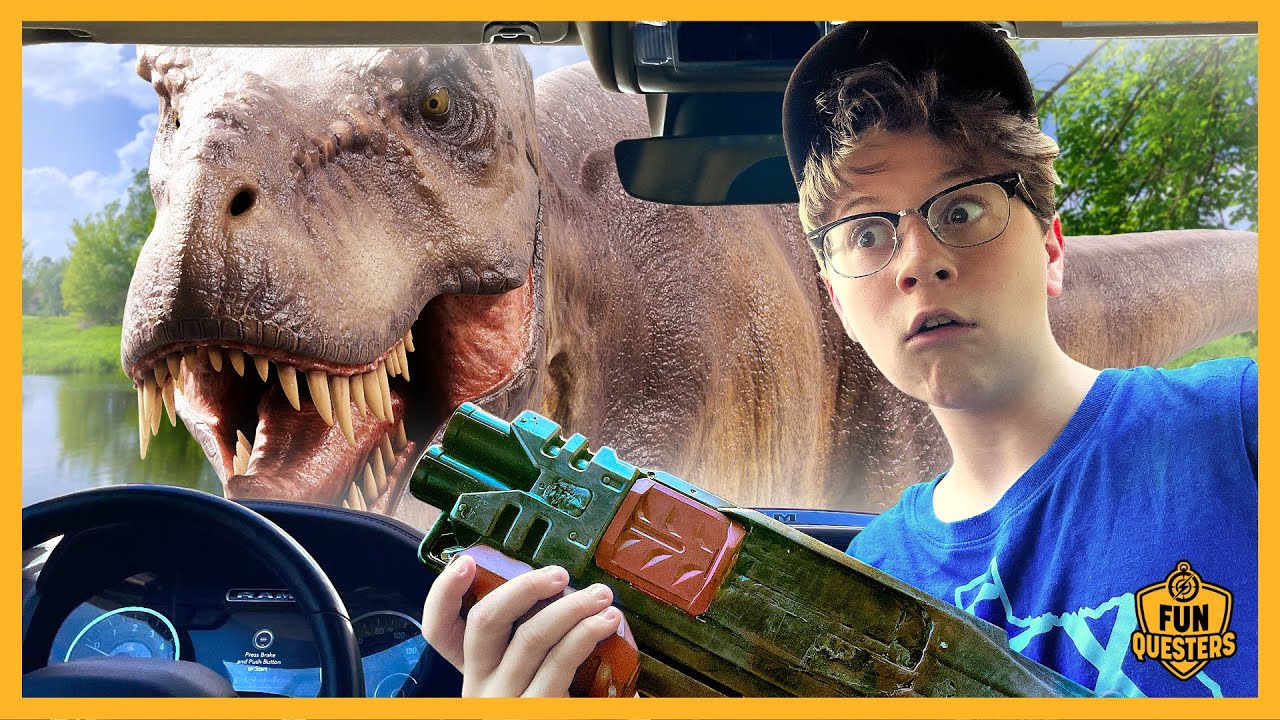 Giant Jurassic Park T-Rex & Raptor Dinosaurs Chase LB & Aaron the ...