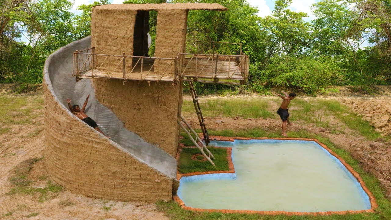 How To Build Big Swimming Pool & Three Story Mud House With Water Slide ...
