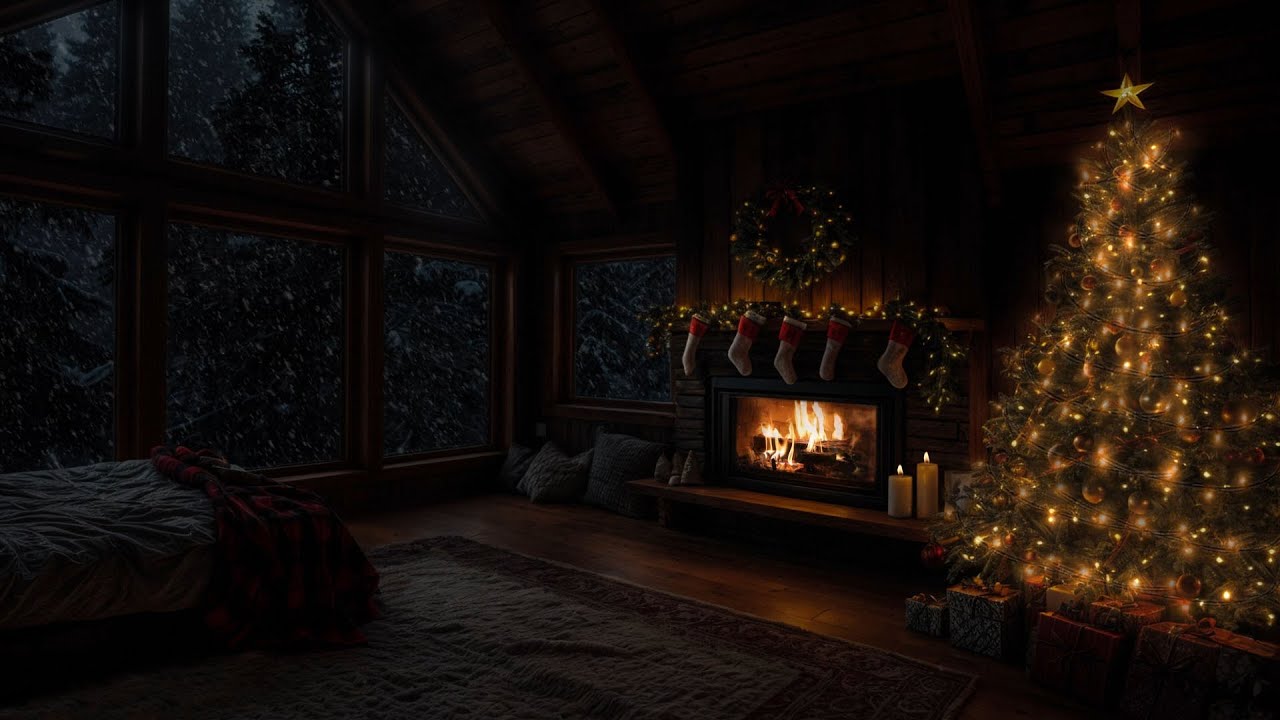 Falling Snow, Crackling Fireplace, and Gentle Wind Sounds |🎄Cozy ...