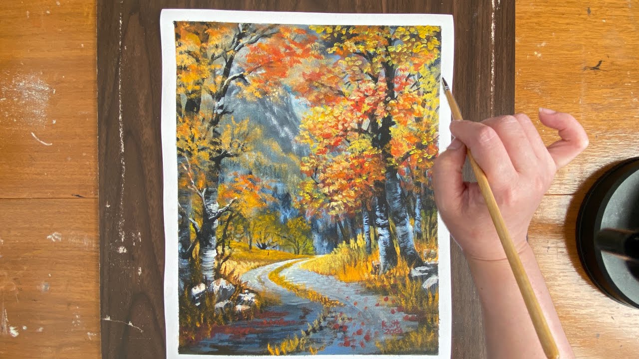 Autumn Scenery/Landscape painting techniques/Step by step/Water mixable ...