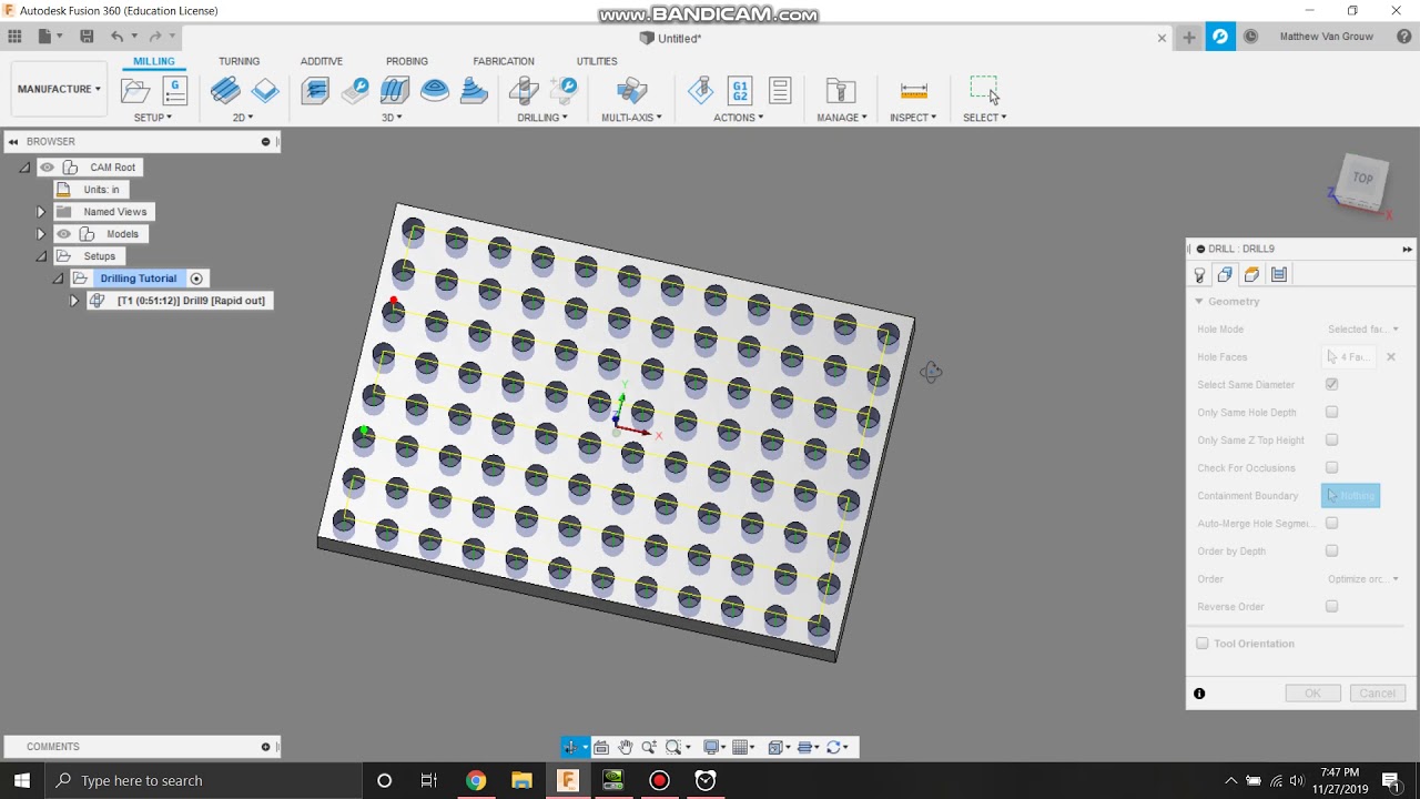 How to program a drilling cycle in Autodesk Fusion 360 - YouTube