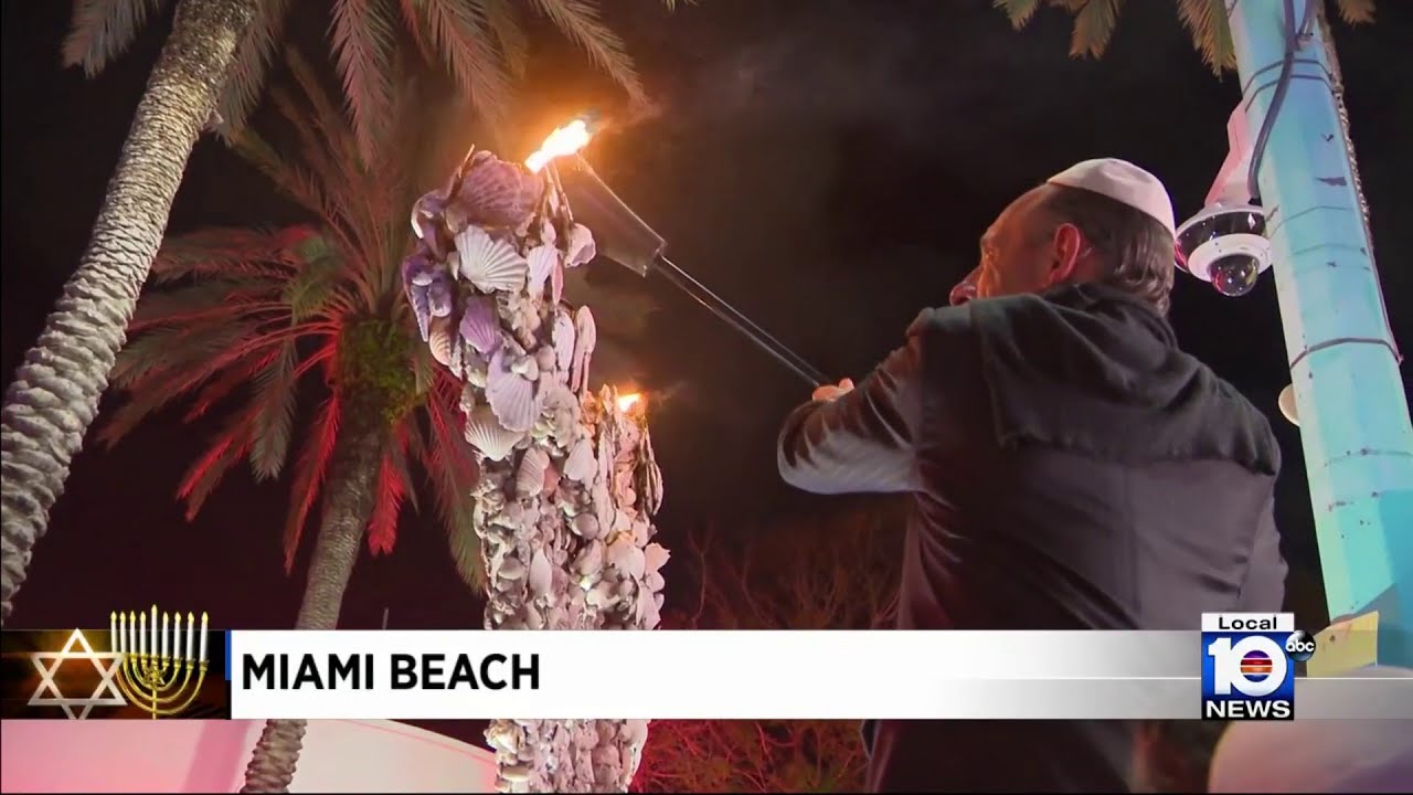 Miami Beach marks Hanukkah with seashell menorah - YouTube