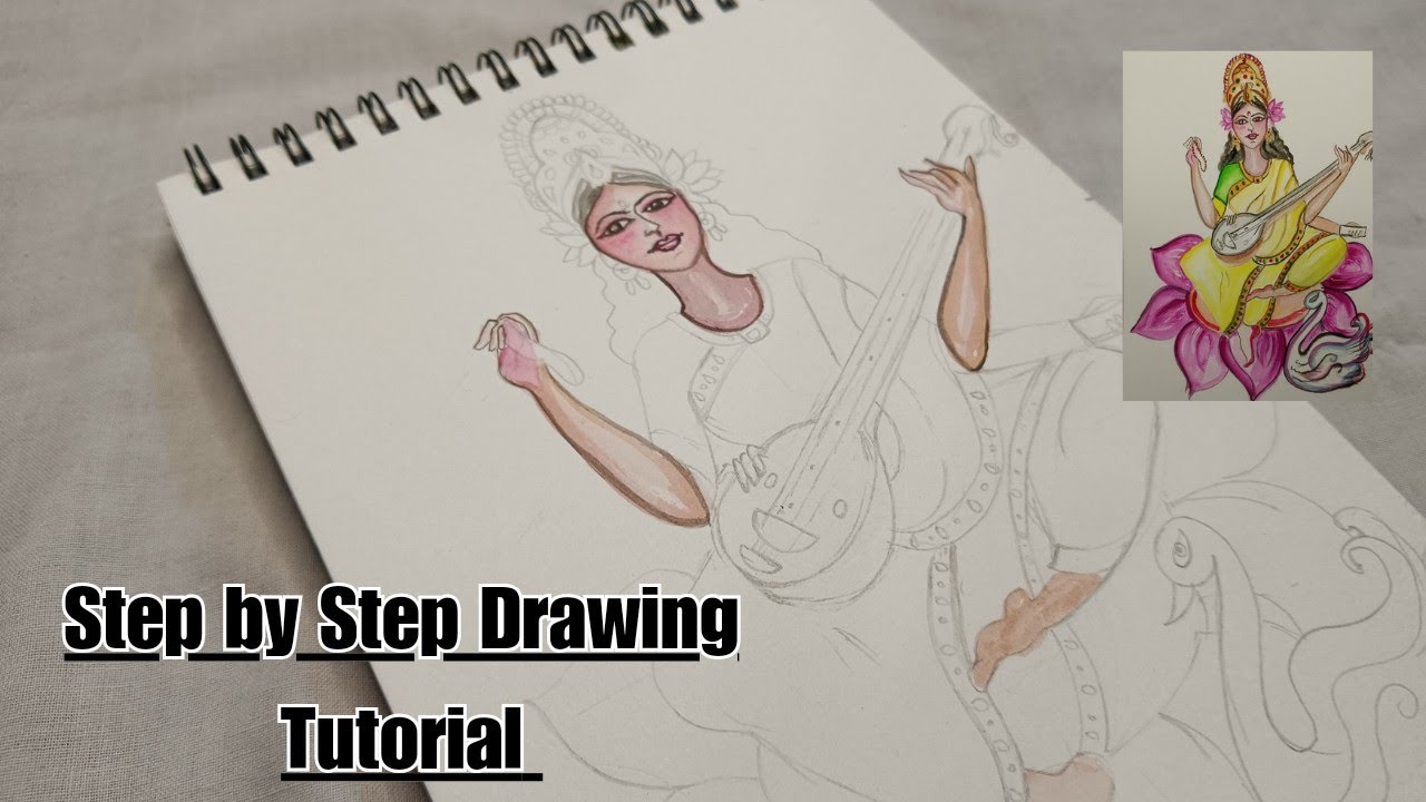 Maa Saraswati Devi Drawing Tutorial || Devotional Drawing Step by step ...