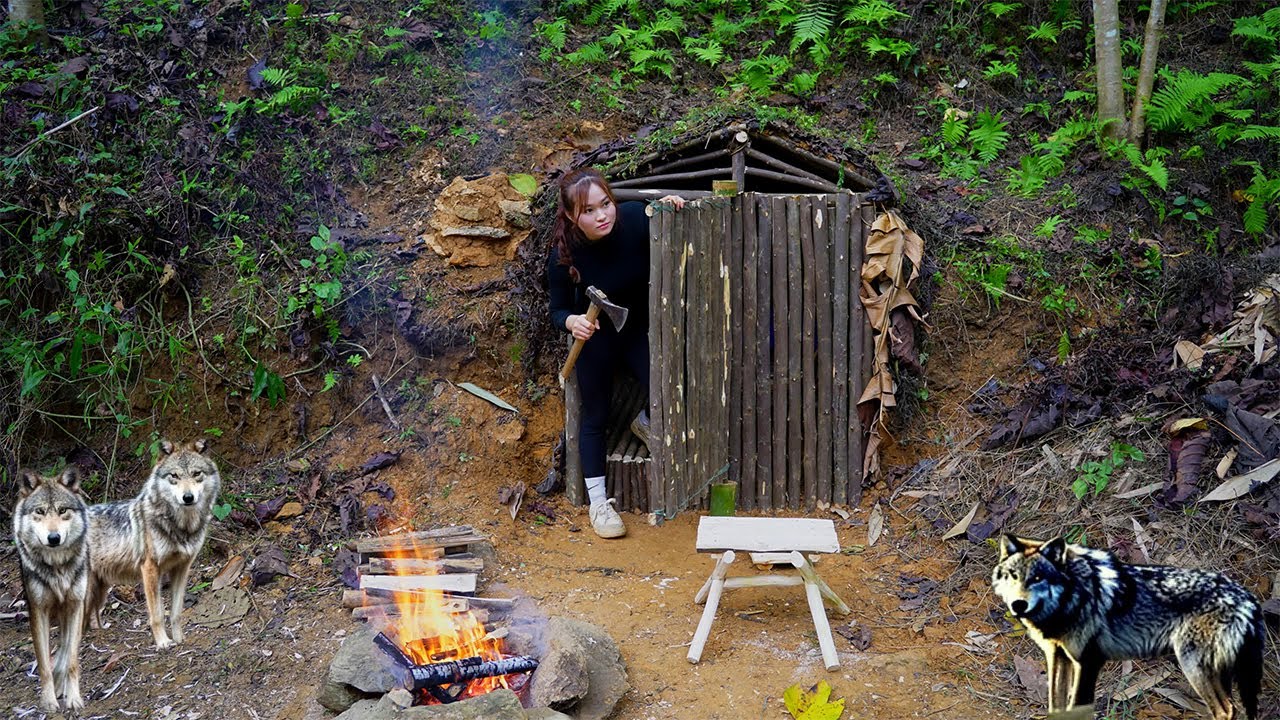 Building a Secret Dugout for Survival - Log Shelter, Winter Bushcraft ...