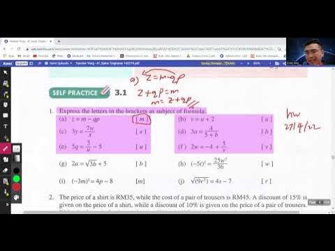 KSSM Form 2 Maths Chap 3 Algebraic Formulae Self Practice 3.1 (Textbook ...