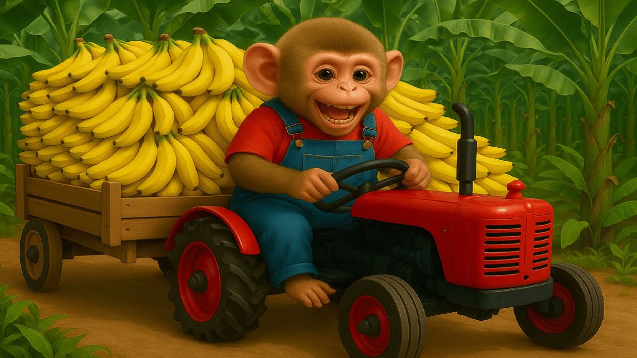 Working Tractor Farm, Monkey Farmer Plants And Harvests Banana Trees ...