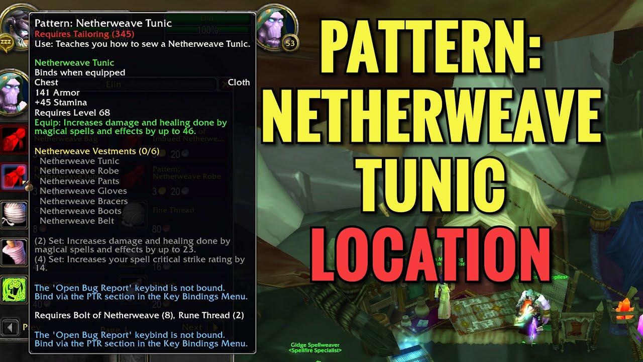Pattern: Netherweave Tunic Vendor Location (WoW TBC) - YouTube