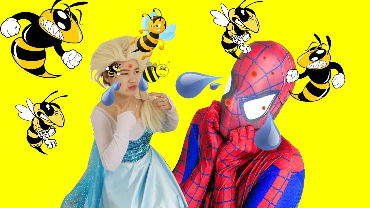 Spiderman & Frozen Elsa are joker's bees stings! kid funny superheroes ...
