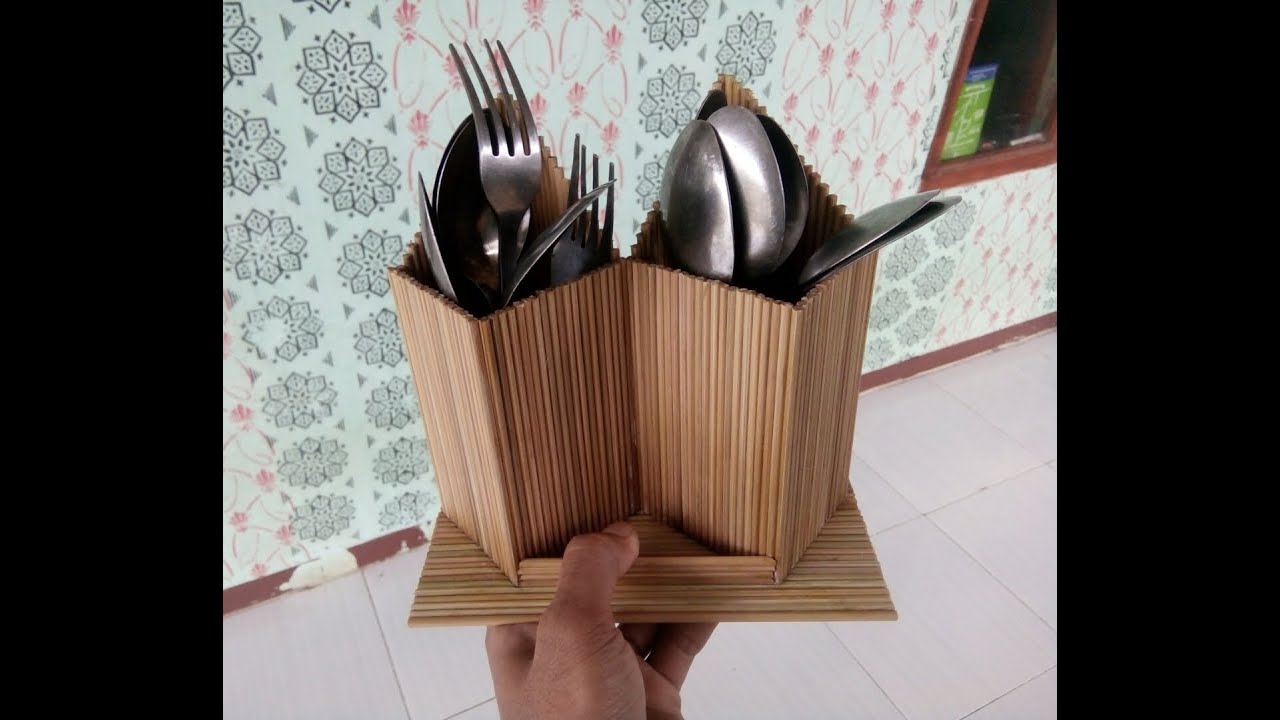 CARA MEMBUAT TEMPAT SENDOK DAN GARPU DARI STIK BAMBU - YouTube